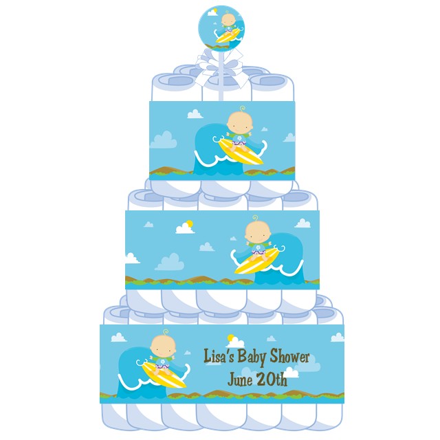 3 tier Surf Boy Baby Shower Diaper Cake | Surf Boy Baby Shower Centerpiece
