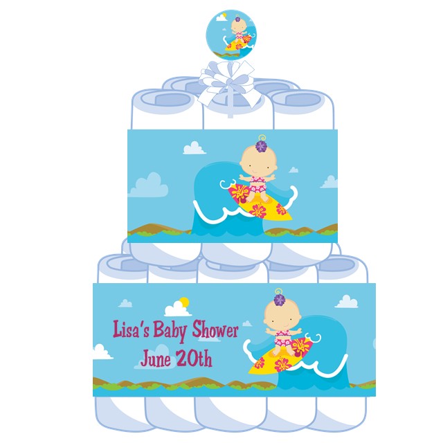 2 tier Surf Girl Baby Shower Diaper Cake | Surf Girl Baby Shower ...