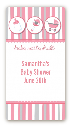Shake, Rattle & Roll Pink Baby Shower rectangular sticker labels ...