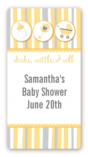 Shake, Rattle & Roll Yellow Baby Shower rectangular sticker labels ...